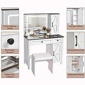 ANWBROAD Farmhouse Vanity Makeup Desk with Glass Tabletop, Vanity Desk with Lights Mirror Drawers Cabinet for Makeup, Modern Vanity Table Set with Vanity Stool for Bedroom, White UBDT59W