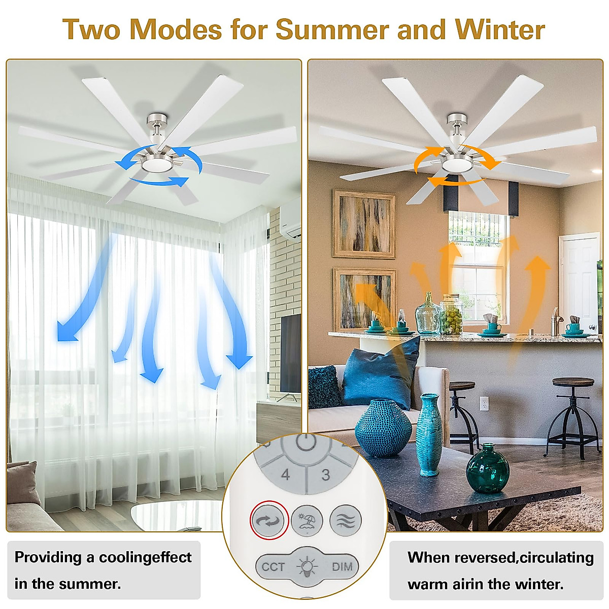hykolity 72 Inch Indoor Ceiling Fans with Lights and Remote Control,Quiet Indoor Reversible DC Motor Ceiling Fan,8 Blades, Dimmable, 5CCT,6-Speed Ceiling Fan -Brushed Nickel