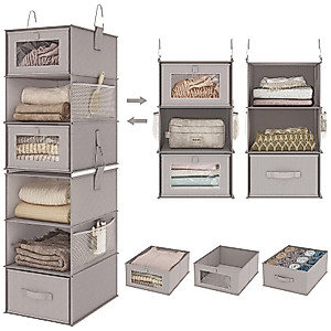 Fixwal 1 Pack 6-Shelf Hanging Closet Organizer, 2 Separable 3-Shelf Hanging Shelves with 3 Drawers Clothes Organizer Shelves for Bedroom Closet Rack