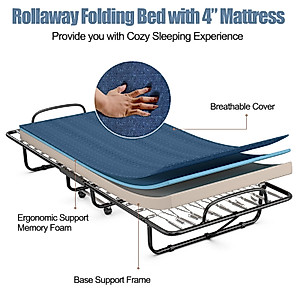 Giantex Folding Bed with 4" Mattress for Adults, Made in Italy, Twin Size Roll away Portable Guest Bed, Memory Foam Mattress, Foldable Bed w/Metal Frame on Wheels, Easy to Store, Blue