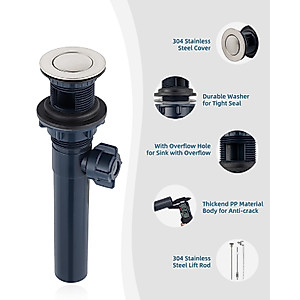 Bathroom Sink Drain with Lift Rod, Pop Up Sink Drain with Overflow, Brushed Nickel Drain Stopper for Vessel Sink, Assembly for Bathroom Faucet