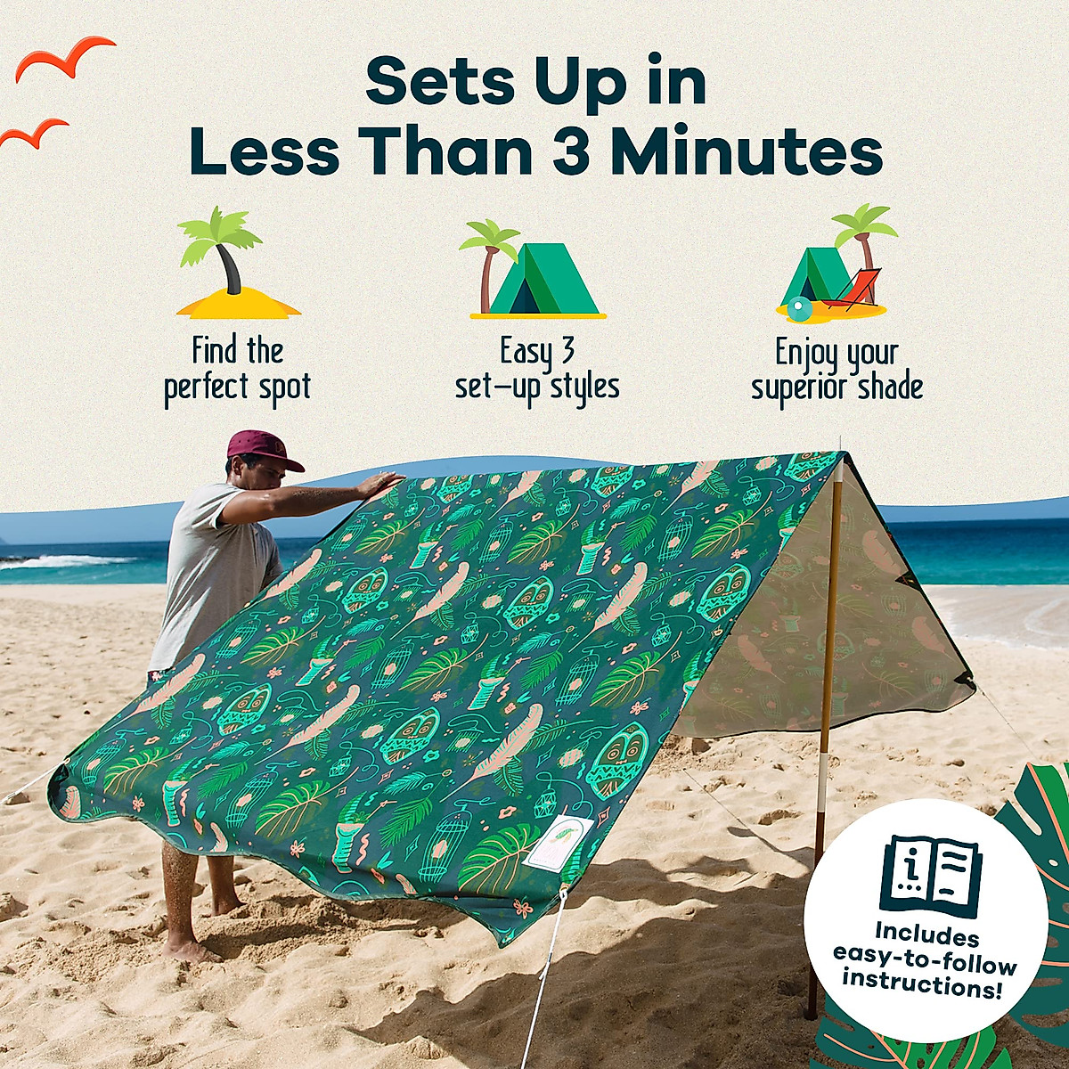 Moku Beach Co UPF 50+ Portable Beach Canopy Tent Set - 3-Step Assembly, Jungala Print - Includes Bag, Poles, Stakes & Hammer - Ideal Sun Shade for Beach, Easy and Convenient