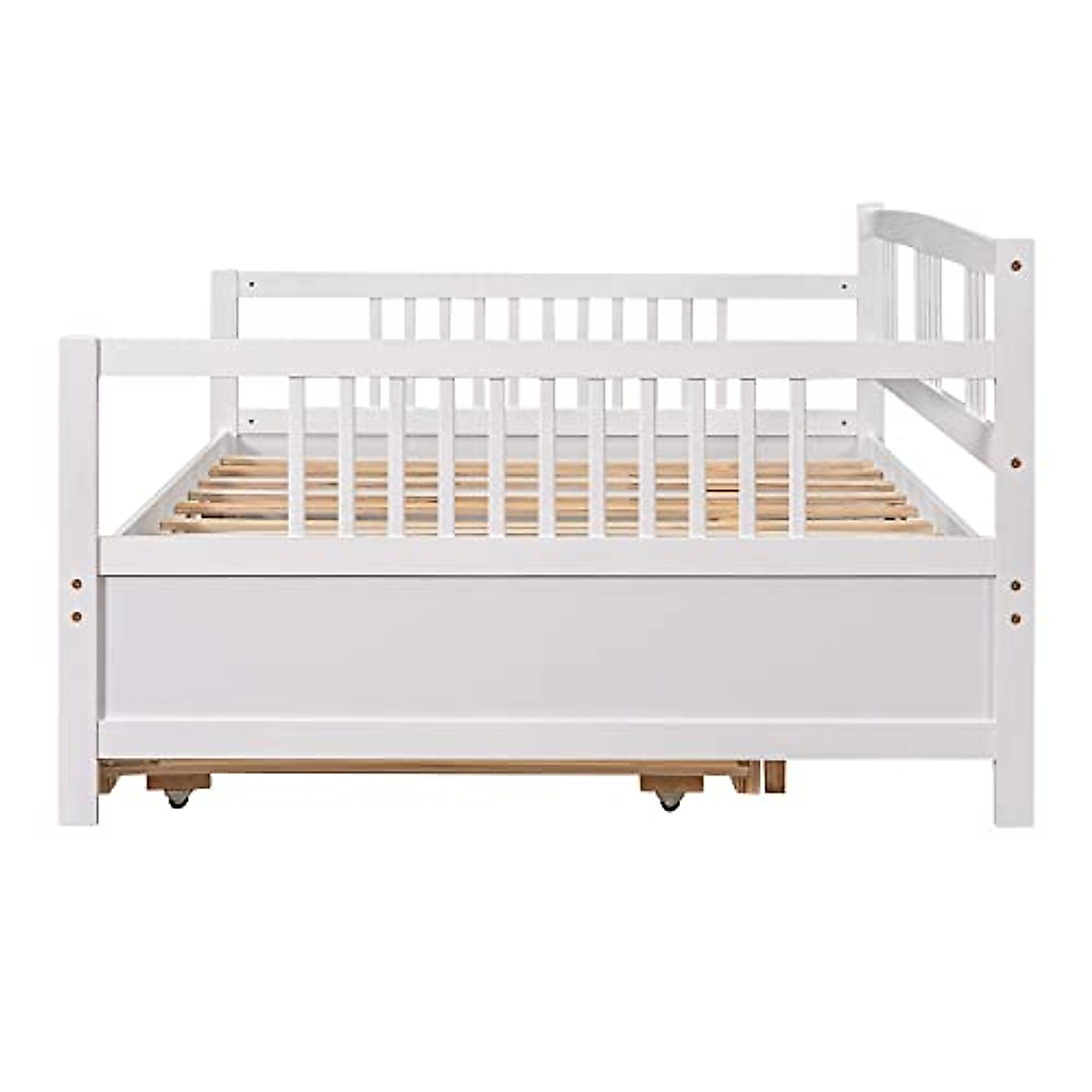 Lepfun Full Daybed with Twin Size Trundle, Wood Full Size Bed Frame with Rails in Three Sides, Full Sofa Bed for Living Room, Bedroom, Apartment, Dorm, No Box Spring Needed (Full, White)
