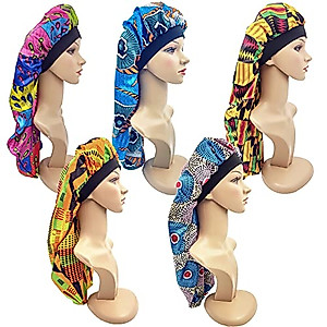 2Pcs Long Braids Satin Bonnet,Soft Comfortable Elastic Band Silky Satin Sleep Cap for Long Hair,Braids,Curly Hair,Night Sleep(Colorful Peacock)