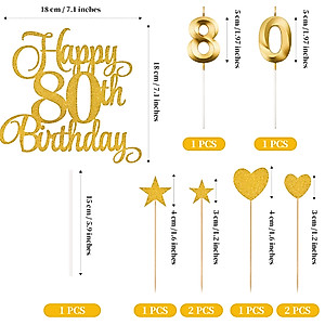 Lecferrarc 80th Birthday Cake Decorations, 80th Birthday Candles Cake Numeral Candles and Glitter Happy 80th Birthday Cake Toppers Set for Birthday Party Supplies (Gold)