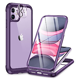 Miracase Glass Series for iPhone 11 Case [with Camera Lens Protector] Full-Body Rugged Bumper Case with Built-in 9H Tempered Glass Screen Protector Compatible with iPhone 11 6.1 inch (Purple)