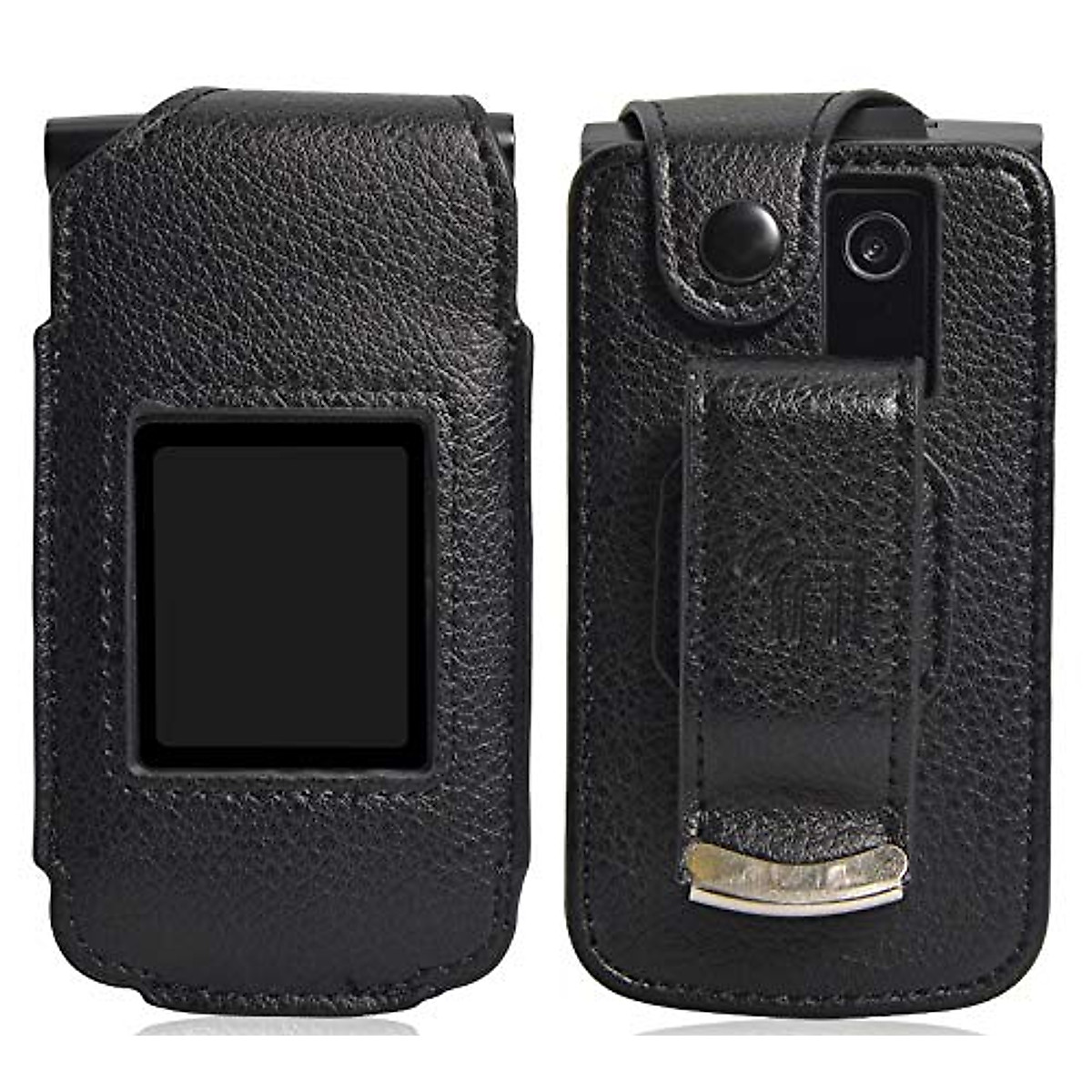 Case for Orbic Journey, Nakedcellphone [Black Vegan Leather] Form-Fit Cover with [Built-in Screen Protection] and [Metal Belt Clip] for Verizon Wireless Orbic Journey V/L Flip Phone ORB2200LBVZ