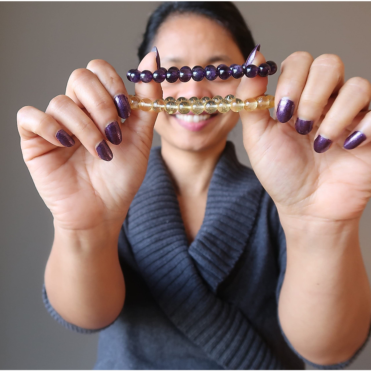Satin Crystals Spiritual Abundance Bracelet Set Yellow Citrine Purple Amethyst 6.75 Inches