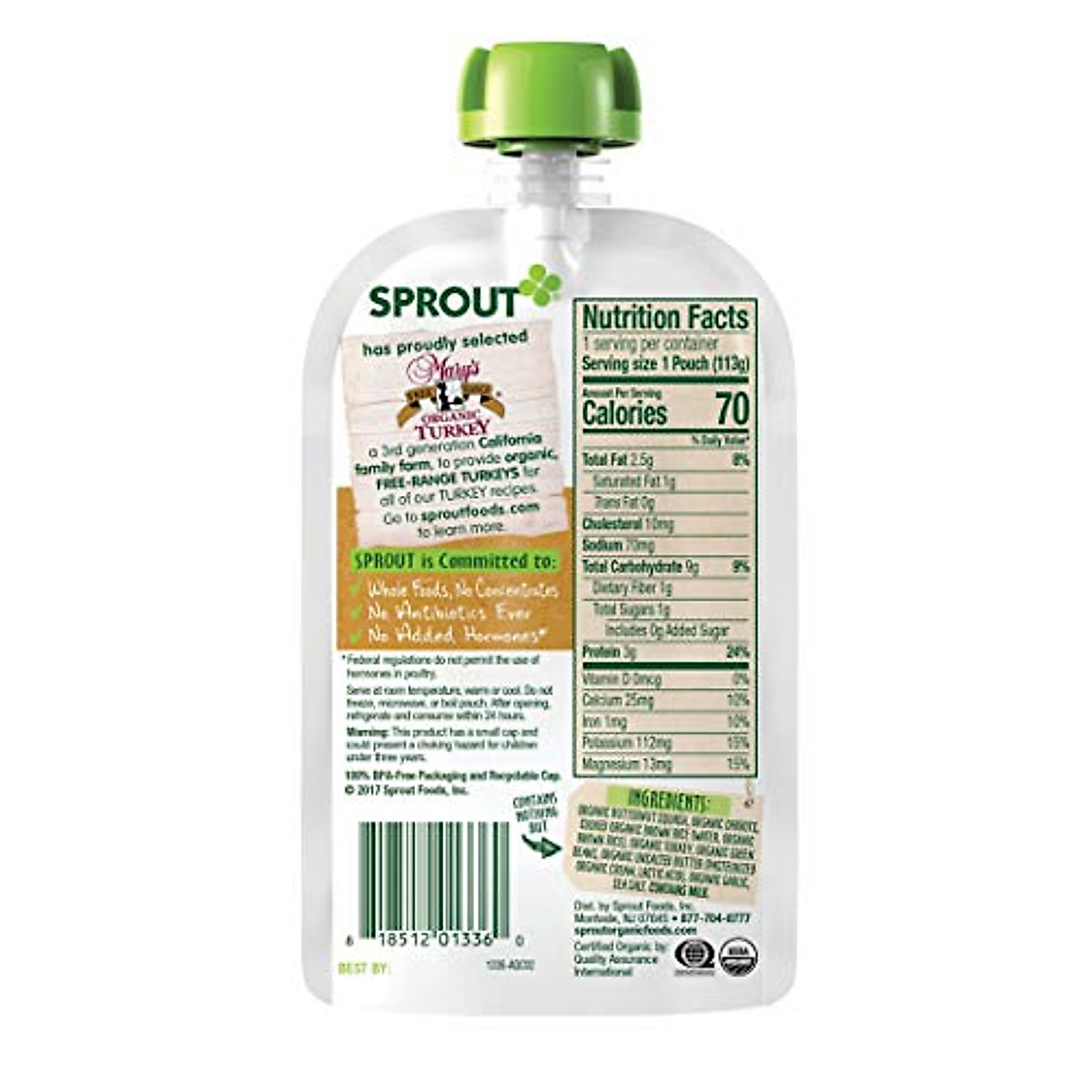 Sprout Organic Baby Food, Stage 3 Pouches, Garden Vegetables with Free-Range Turkey, 4 Oz Purees (Pack of 6)