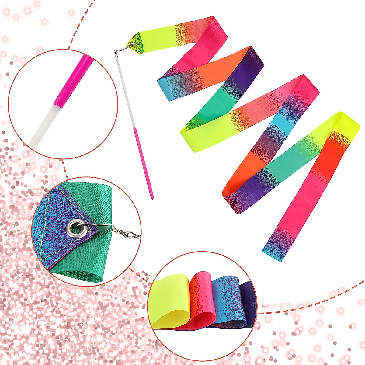 Abeillo 2pcs Rhythmic Dance Ribbons, 78.7 Inch Gymnastics Ribbon Dancer Wand Dancing Ribbon Streamers for Kids, Fits Artistic Dancing Gymnastics, Circus Carnival Shows, Baton Stick Twirling (Rainbow)