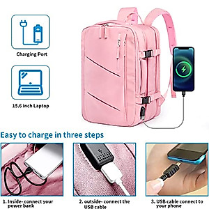 Victoriatourist Travel Laptop Backpack, Extra Large 35L Expandable Carry On Backpack for Women Men with USB Charging Port, Water Resistant Luggage Computer Backpacks Bag Fits 15.6 Inch Notebook, Pink