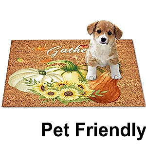 Fall Gather Coir Doormat Weather Resistant Door Mats Outdoor Funny Indoor Outdoor Welcome Front Entrance Doormat Autumn Pumpkin Sunflowers Fall Welcome Mat Front Door Entryway Mats 16x24in