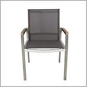 Emma Patio Dining Chairs - Aluminum - Outdoor Mesh Seats - Faux Wood Arms - Set of 2 - Silver with Gray and Natural Finish