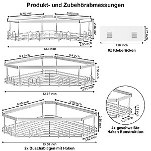 STEUGO Corner Shower Caddy, Shower Organizer Corner Shower Shelf with 12 Hooks,3-Pack Adhesive Stainless Steel Shower Shelves for Bathroom Storage，No Drilling Wall Mounted Shower Rack (Silver)