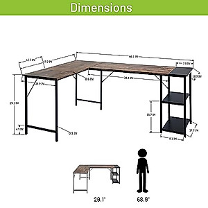 FurnitureR L-Shaped Home Office Computer Desk 66 inches Large Study Writing Student Laptop PC Gaming Corner Table with Shelves for Apartment Dormity Small Spaces, Brown