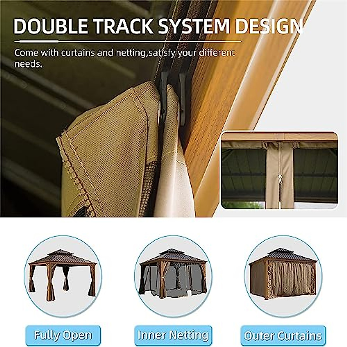 RITSU 12'x12' Hardtop Gazebo, Outdoor Permanent Metal Pavilion with Galvanized Steel Double Roof, Wooden Coated Aluminum Frame Canopy with Bugs Netting, Privacy Curtains, for Patio, Deck and Lawn