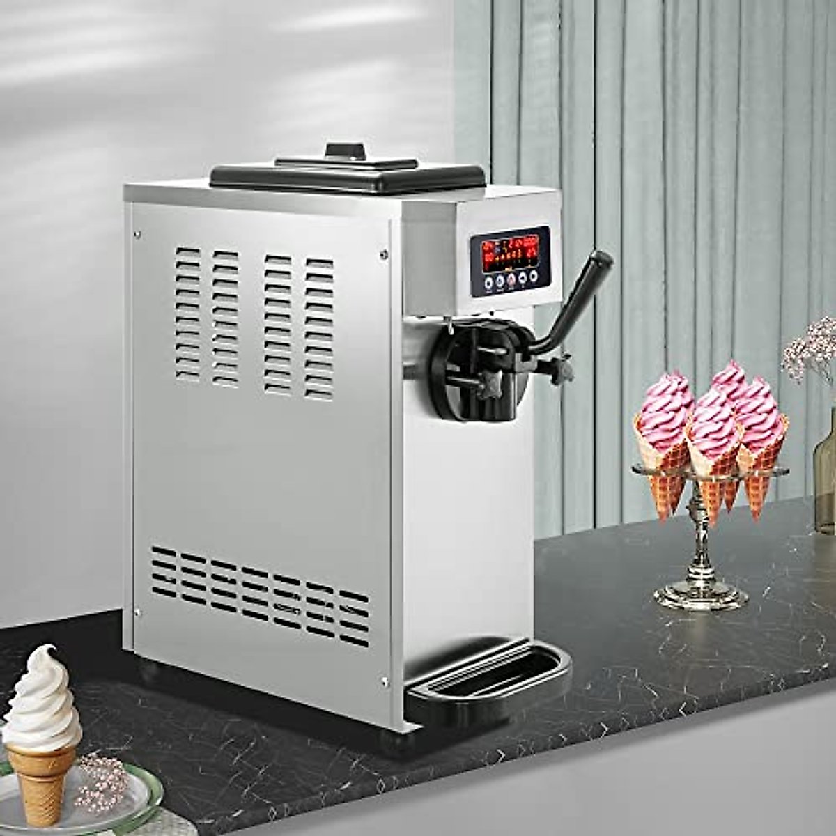 Commercial Ice Cream Maker Single Flavor Commercial Ice Cream Machine 4.7-5.3 Gal/H Soft-Serve Ice Cream Maker, 1800W Countertop Soft Serve Ice Cream Machine, with LCD Panel, Stainless Steel