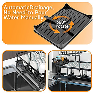 ACALANTHA Dish Drying Rack with Drainboard, Large Dish Racks for Kitchen Counter, 2 Tier Dish Holder with Silverware Drying Rack.(Black)
