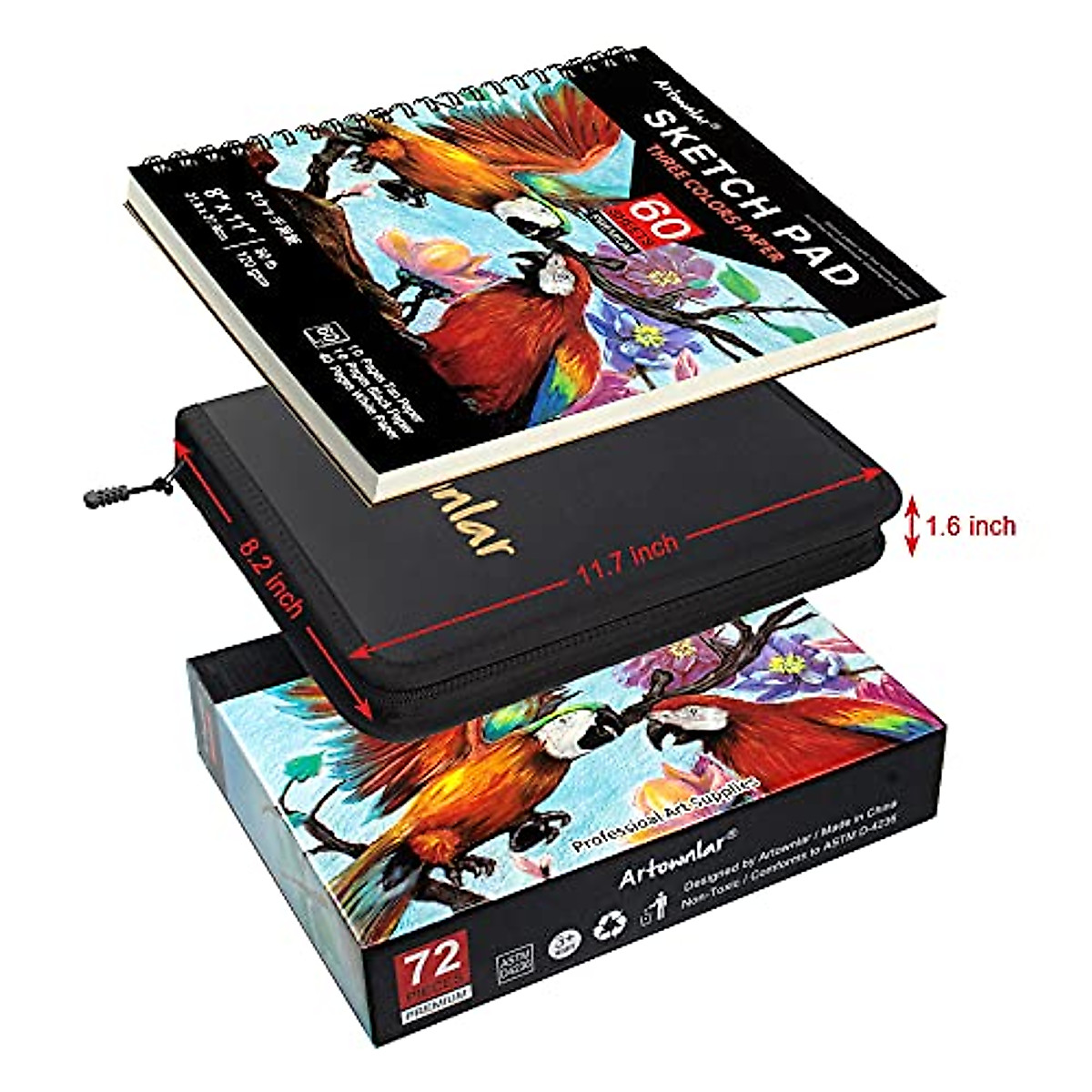 Artownlar 72 Pack Drawing Sketching Set with 8x11 Sketchbook | Pro Art Supplies Kit for Artist Adults Teens Beginners | Video Tutorial,Charcoal, Watercolor & Metallic Colored Pencils in Gift Case