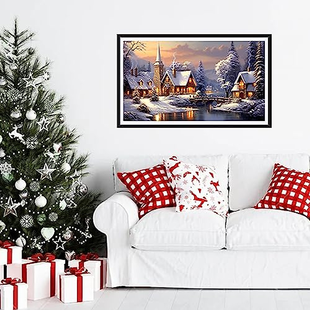 FemGe Christmas Diamond Painting Kits for Adults Winter DIY 5D Diamond Art Kits Village Snow Scene Gem Art Craft Kits for Home Wall Decor Gifts 16x28inch