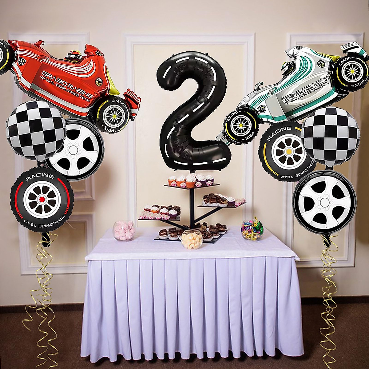 Number 2 Race Car Balloons, 43 Inch Race Car Party Decorations, Wheel Tire Balloons, Black and White Checkered Foil Balloons, Car Balloons for Boys 2nd Birthday Party Decoration - Pack of 9