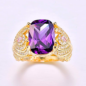 Narica Women's Yellow Gold Plated Cushion Cut Created Amethyst Rings Band CZ Filled for Mom 9#