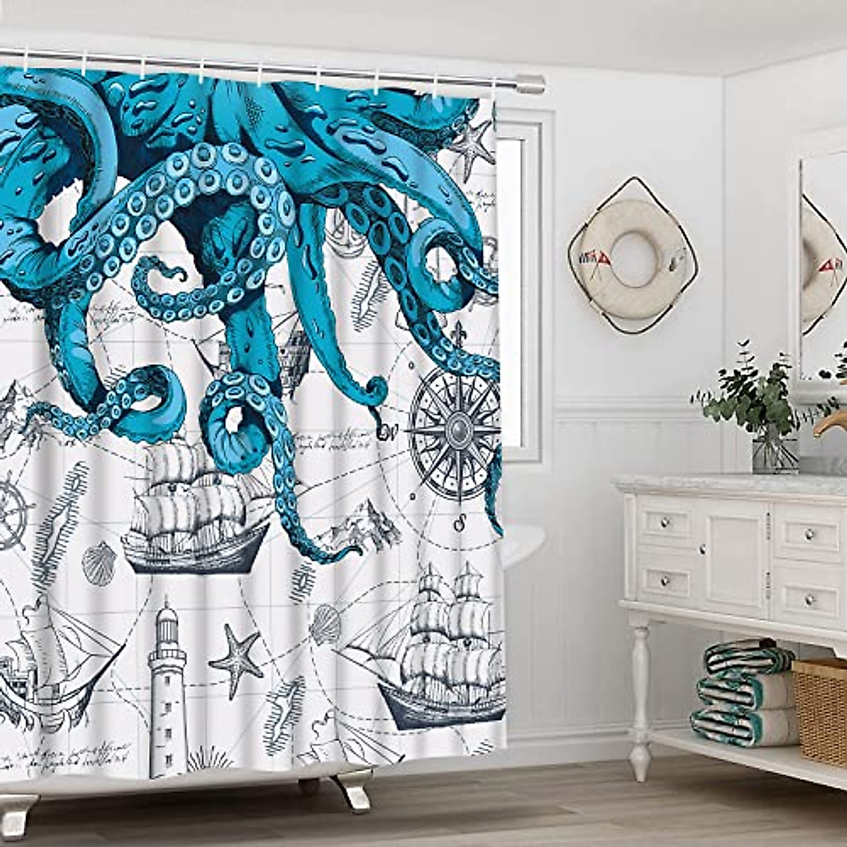 4 Pcs Octopus Shower Curtain Set, Nautical Bathroom Sets with Shower Curtain and Rugs, Blue Beach Ocean Kraken Pirate Shower Curtain Set with Non-Slip Rug, Toilet Lid Cover, Bath Mat and Hooks