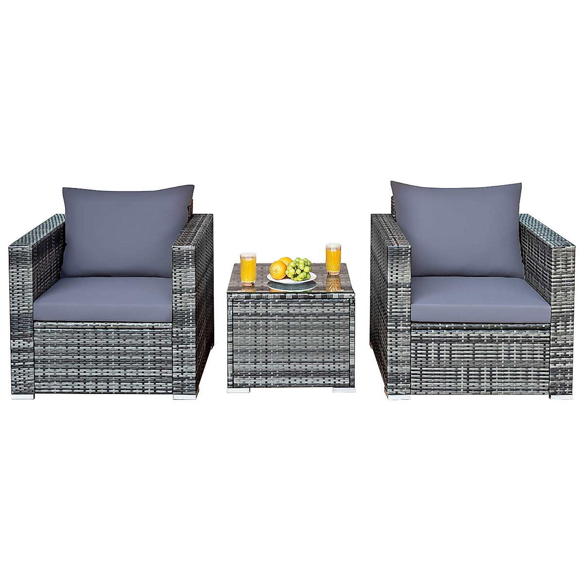 RELAX4LIFE 3-Piece Outdoor Furniture Set - All Weather PE Rattan Sofa Couch Set w/Thick Cushions & Tempered Glass Coffee Table, Patio Conversation Set for Lawn Yard Poolside (Grey)