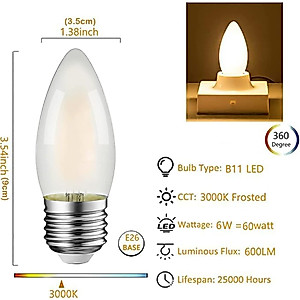 Jacqings E26 Candelabra Light Bulbs Frosted Glass Chandelier Light Bulbs 60watt Equivalent 3000K Warm White B11 Torpedo Tip Dimmable 6W LED Decorative Candle Light Bulbs (8)