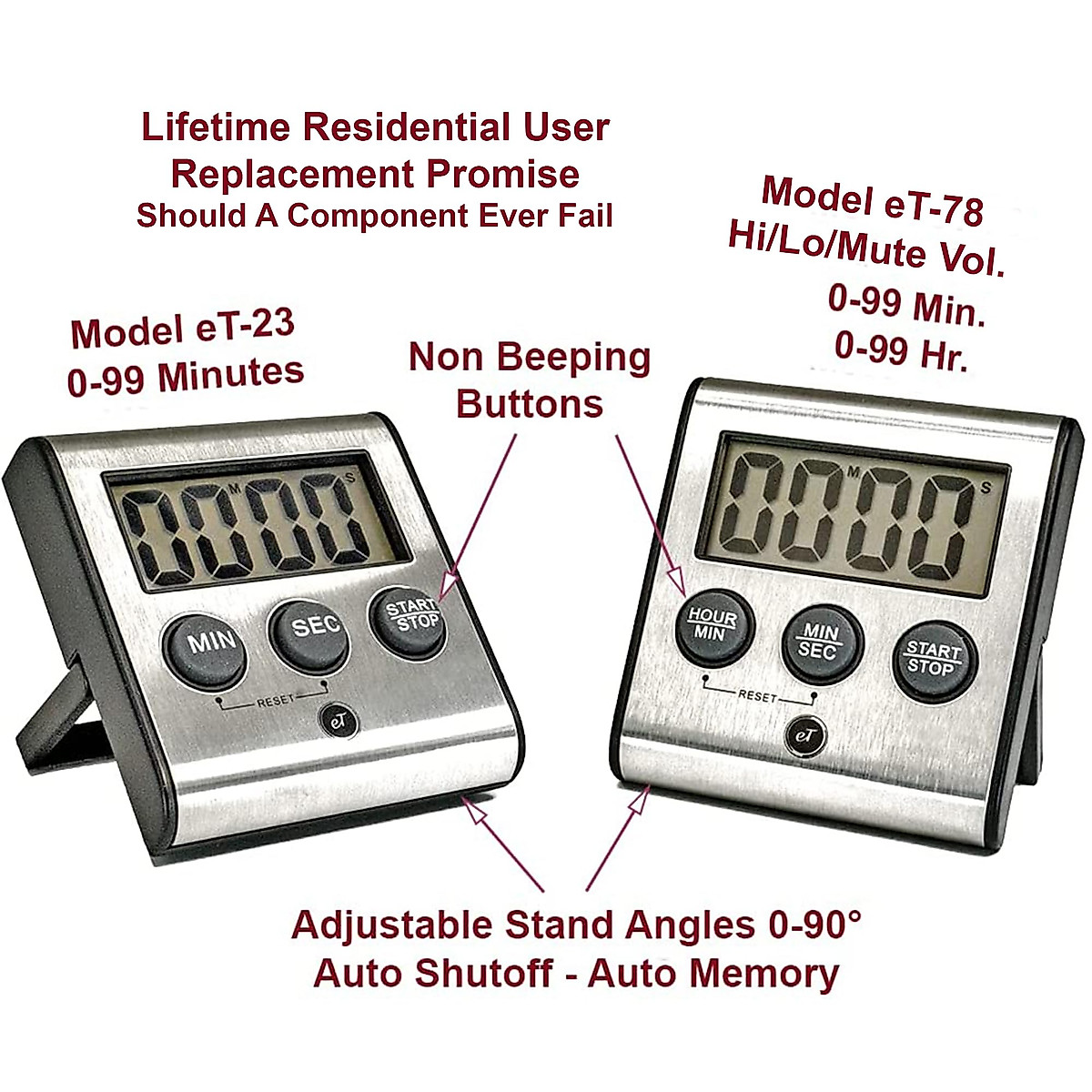 Elegant Digital Kitchen Timer, Stainless Steel Model eT-23, Super Strong Magnetic Back, Loud Alarm, Large Display, Auto Memory, Auto Shut-Off by eTradewinds
