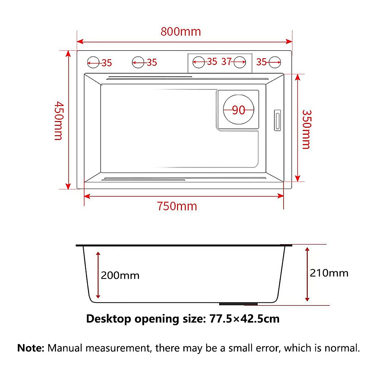 Kitchen Sink Single Bowl Sink Flying Rain Waterfall Sink Household Sink, Workstation Kitchen Sink Domestic Sink Set,Integrated Sink with Pull-Out Tap, Chopping Board,Cup Washer (80×45×21cm)