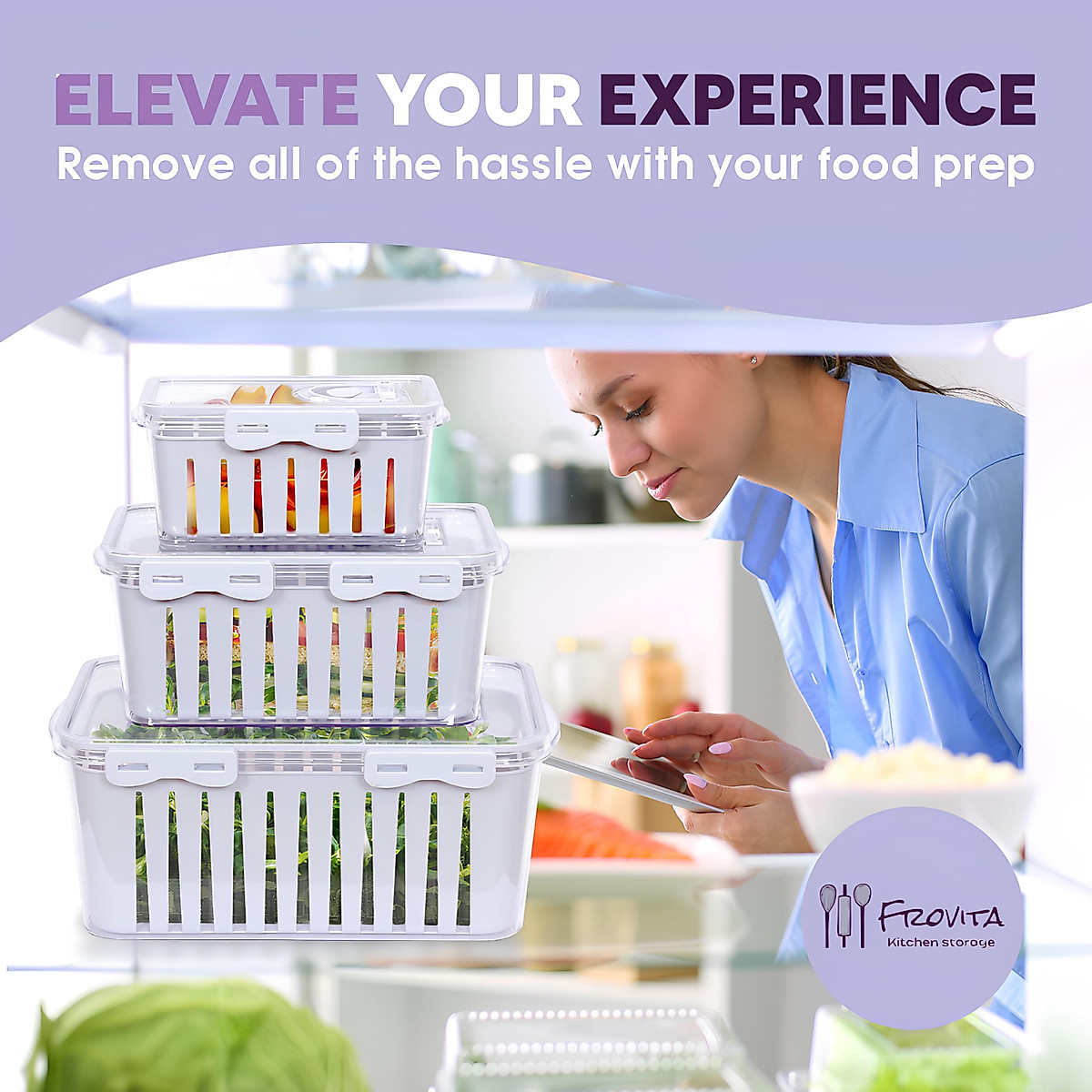 Frovita 3PCS Fruit Containers for Fridge - Airtight Fruit Storage Containers for Fridge with Lids and Strainers - Food Organizer Containers Colander with Built in Month and Date Tracker