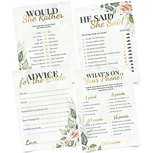 Bridal Shower Games + Advice Cards - For 30 Guests - 4 Activities on Double Sided Cards Includes 3 Games + 1 Advice Card - Greenery Floral Wedding Shower Games With Gold Metallic Details. Set of 4