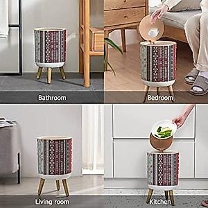 Small Trash Can with Lid Seamless Based on Ornament Paisley Bandana Print Vintage Style Silk Wood Legs Press Cover Garbage Bin Round Waste Bin Wastebasket for Kitchen Bathroom Office 7L/1.8 Gallon