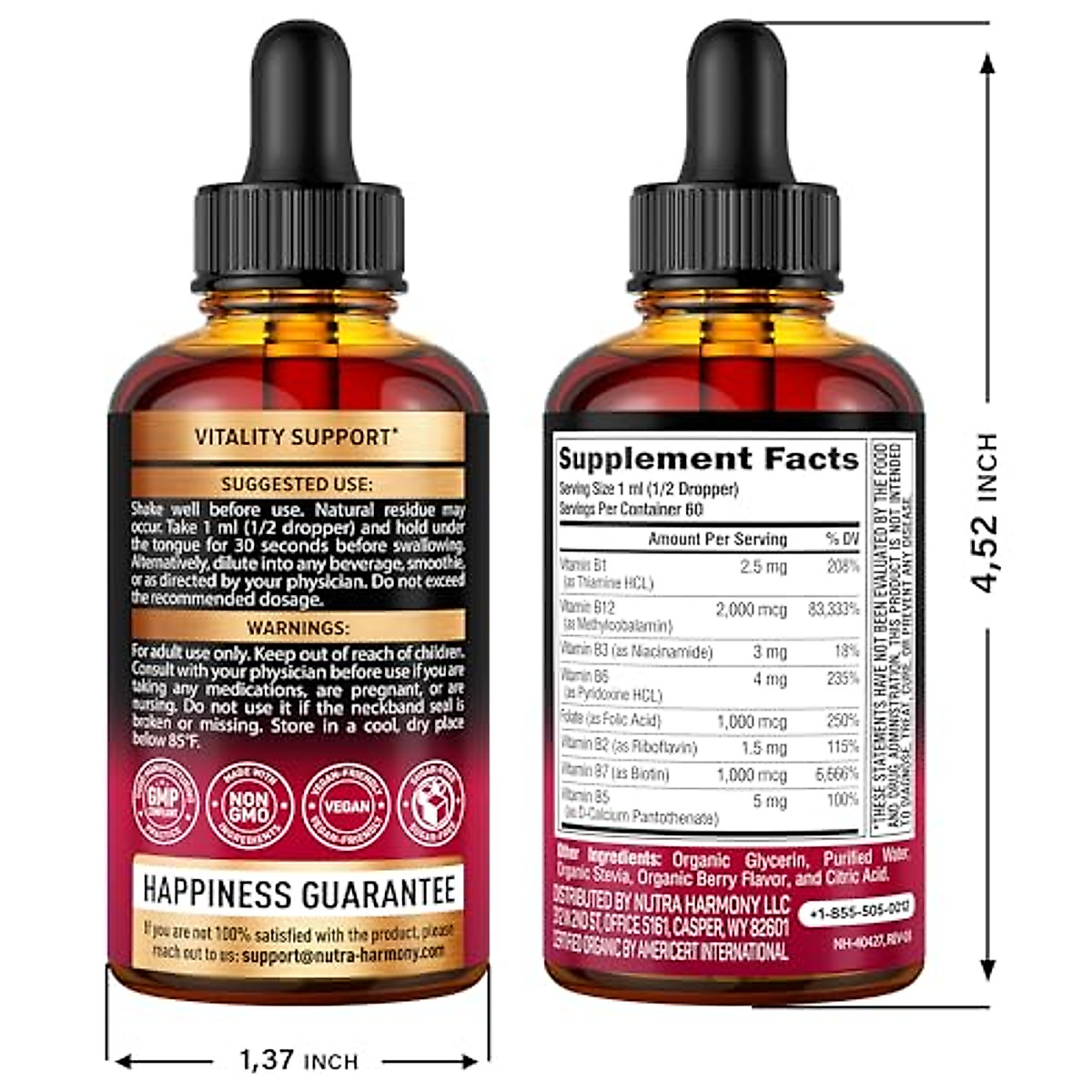 USDA Organic Vitamin B-Complex B5 Pantothenic Acid | B12 Methylcobalamin | B1 Thiamine | B6 Pyridoxine | B7 Biotin | B9 Folic | B3 Niacinamide - B Complex Liquid Drops, Made in USA Supplement, 2fl oz