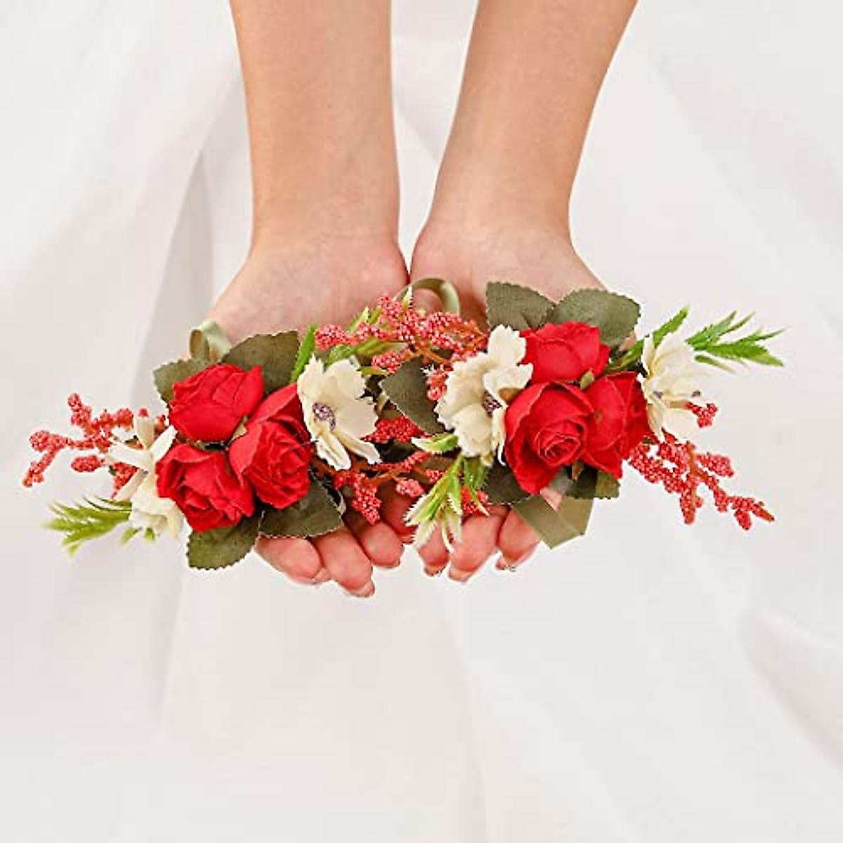 Campsis Wedding Wrist Flower Corsage Red Handmade Floarl Hand Flower Bride Bridal Artificial Wristlet for Prom Party Beach Photography 2PCS