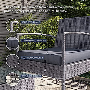 BELLEZE Patio Furniture Set, 4 Pieces Outdoor Furniture Rattan Chairs and Table Wicker Sofa Garden Conversation Bistro Sets with Cushions for Porch Yard Pool or Backyard, Gray