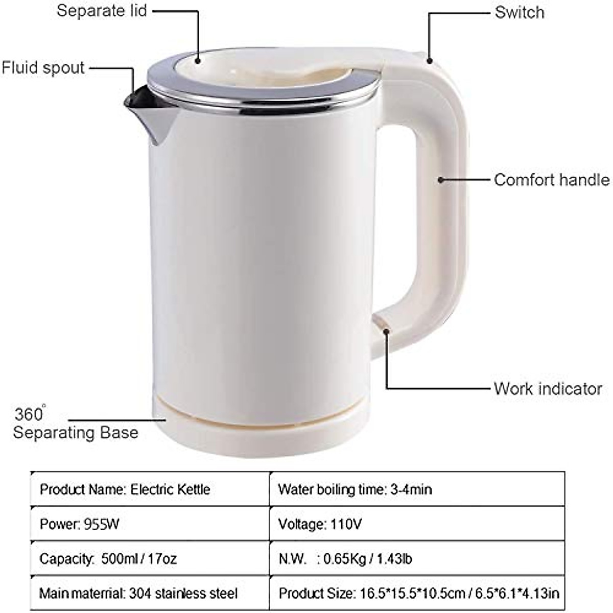 0.5L Portable Electric Kettle, Mini Travel Kettle, Stainless Steel Water Kettle - Perfect For Traveling Cooking Noodles, Boiling Water, Eggs, Coffee, Tea(White 110V)