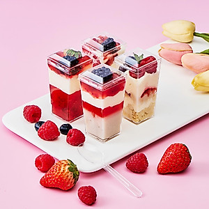 YANYOPPINT 50 Pack 3 oz Square Mini Dessert Cups with Lids and Spoons Square Tall Clear Dessert Shooter Plastic Parfait Appetizer Cups Reusable Serving Bowl for Party