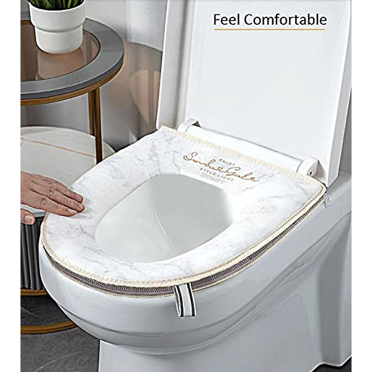 CHZJ Duoduo Toilet Seat Cover with Zipper, Washable Standard Toilet Lid Cover with Handle, Soft Thicken Warm Cover Pad Cushion for Bathroom, Fits All Elongated (Oval) Toilet Seats (White)