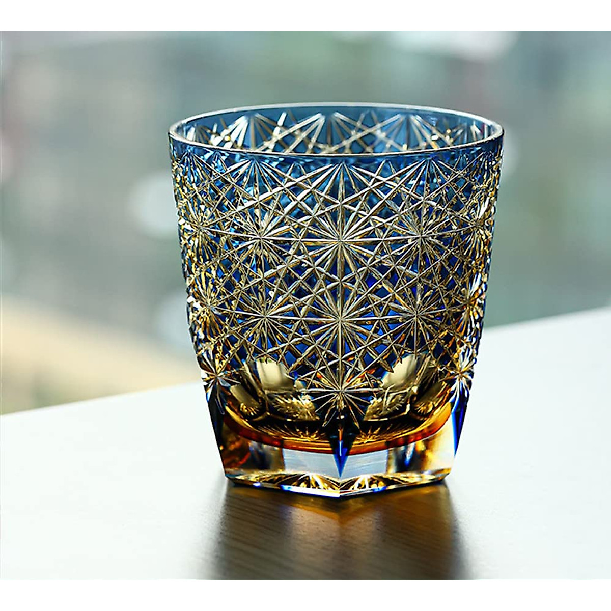 JEMQ Edo Kiriko Color Hand Cut Crystal Glass Tumbler Whisky Gass 9 Oz Glassware with Luxury Gift Box, Suitable for Cocktail Whisky Drink Red Wine Vodka (Blue)