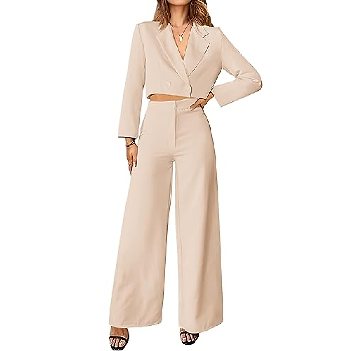 PRETTYGARDEN Women 2 Piece Sets Lapel V Neck Short Blazer Jackets Wide Leg Pant Suits Dressy Work Jumpsuits for Office(Solid Beige,Medium)