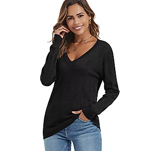 FEKOAFE Women's Long Sleeve V Neck Sweater Tops 2025 Fall Winter Trendy V Neck Casual Pullover Tops Black S