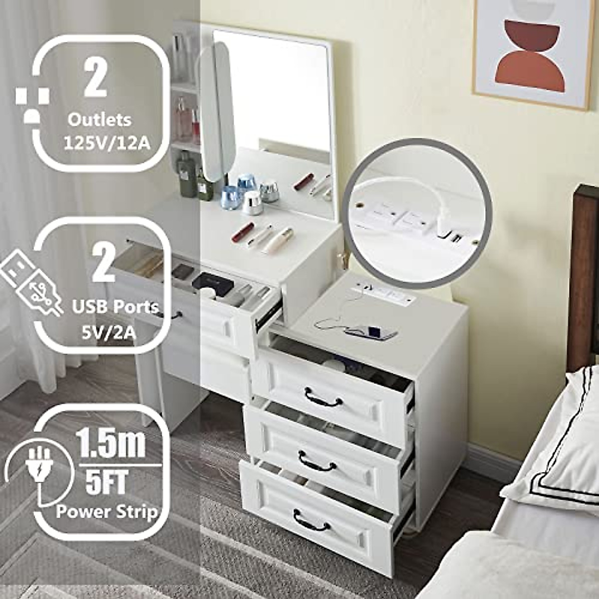 JBLCC Makeup Vanity Table with Lighted Mirror,Makeup Vanity with Power Outlet and Drawers, Storage Shelves, Vanity Desk for Woman Girls, White (5951USB)