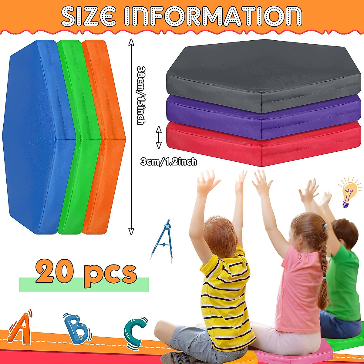 12 Pcs Floor Cushions Bulk for Classroom 15 Inch Colored Flexible Seating with Handle Soft Foam Floor Pillow Kids Floor Seats Cushion for Kids Adults Daycare School Home Office Chair (Hexagon)
