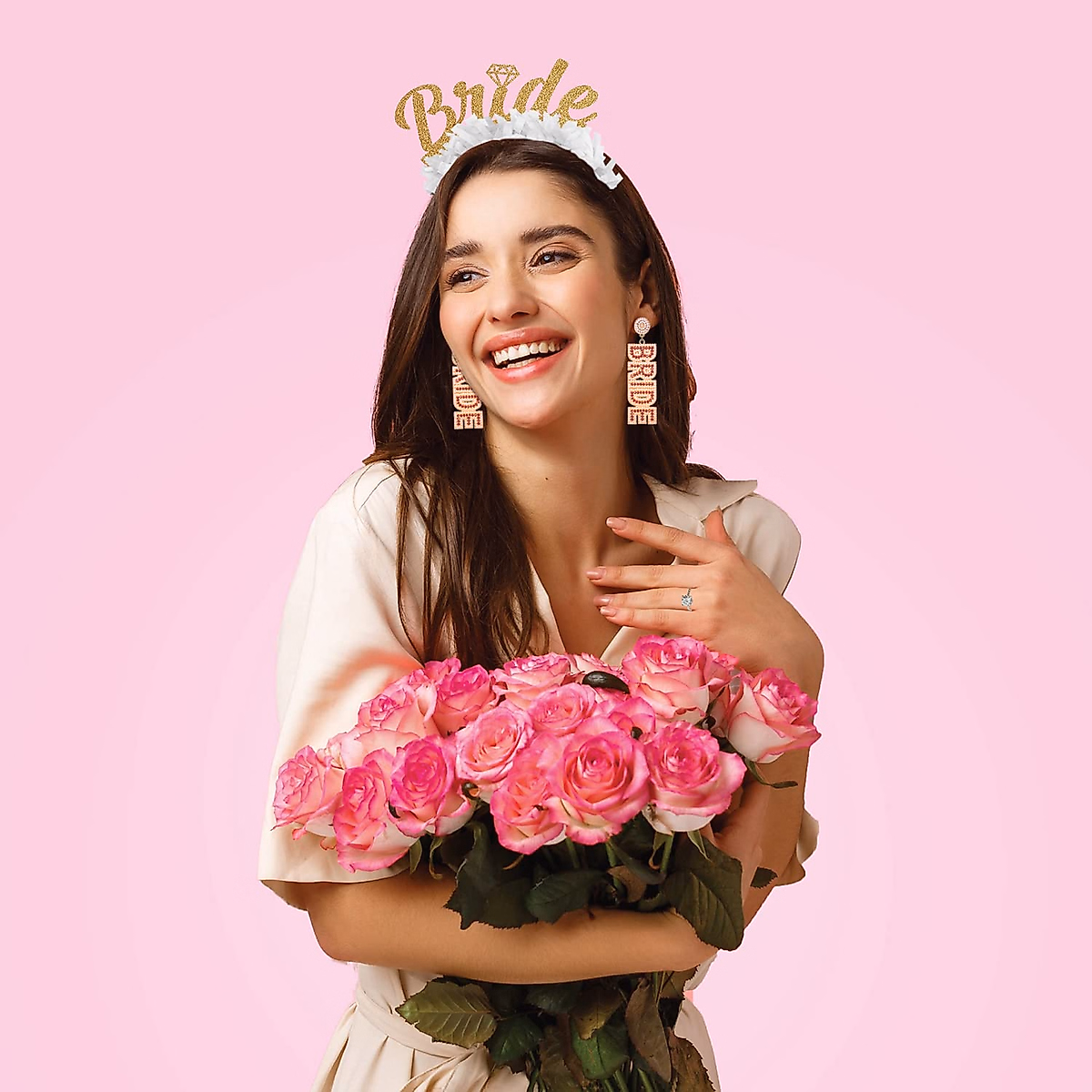 Bride and Mrs Earrings Set Rhinestone Bride Cowboy Hat Beaded Wedding Earrings Handmade Statement Mrs Dangle Earrings for Women (BRIDE&Hat pink rhinestone)