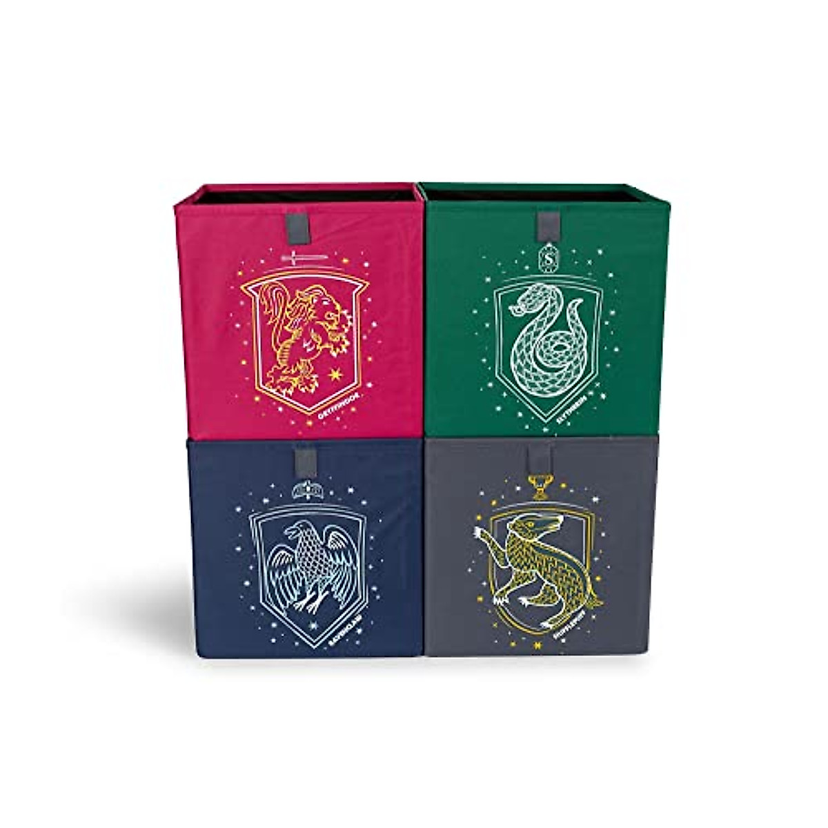Harry Potter Hogwarts Houses 11-Inch Storage Bin Cube Organizers, Set of 4 | Fabric Basket Container, Cubby Cube Closet Organizer | Wizarding World Gifts And Collectibles