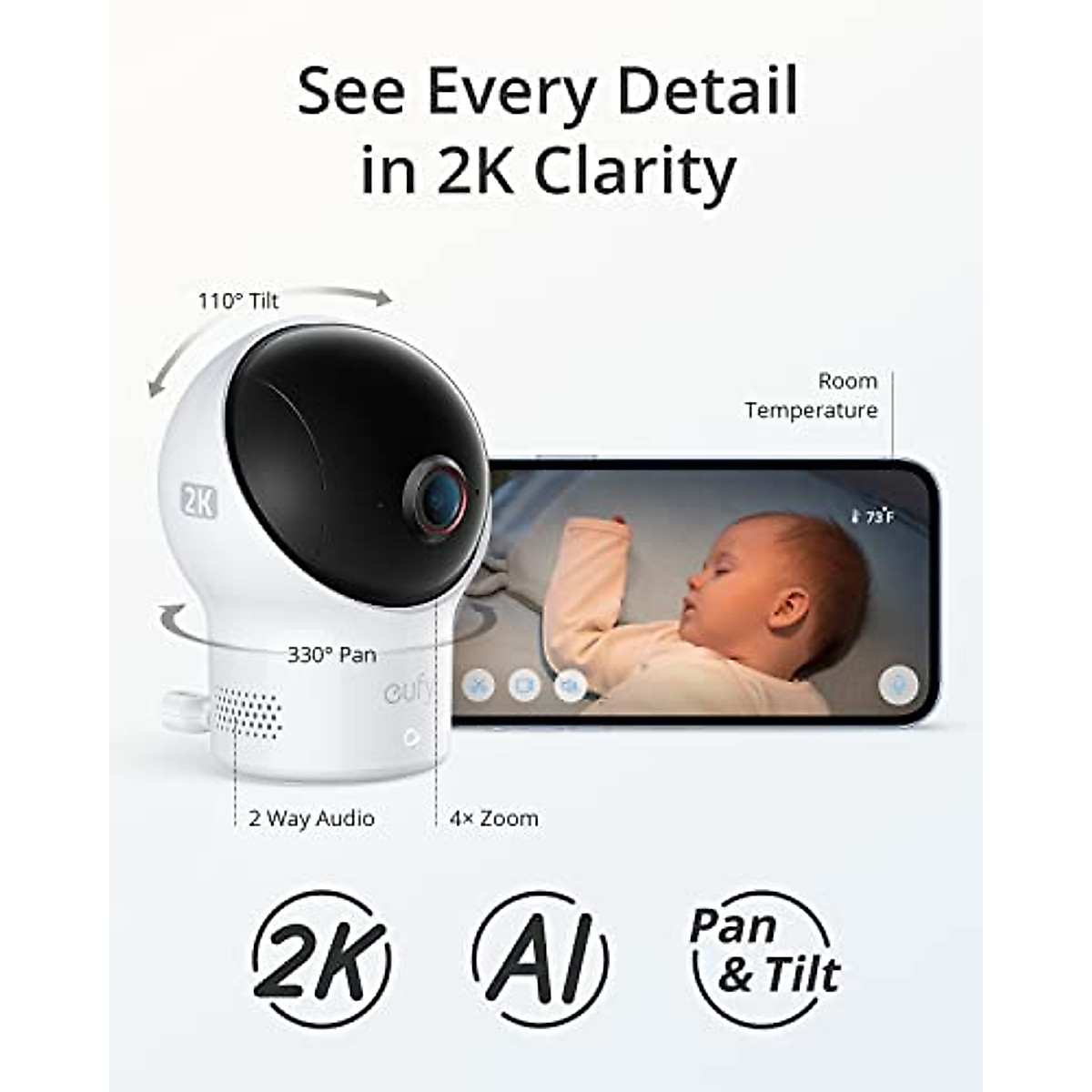 eufy Security Baby Monitor 2 with Wi-Fi, Security Camera, 2K Resolution with Pan & Tilt, AI Cry Detection Night Vision, Sound and Room Temperature Detection, Baby Camera Monitor, Requires 2.4GHz Wi-Fi