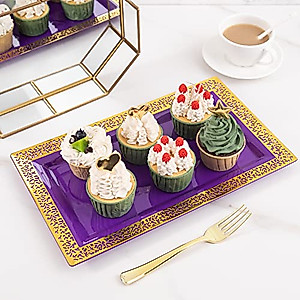 U-QE 8 Pack Rectangle Plastic Serving Tray - Purple & Gold Rim Disposable Serving Trays and Platters for Food - Platters for Serving Food - Party, Wedding, Dessert Table, Cupcake display - 13x8 inches