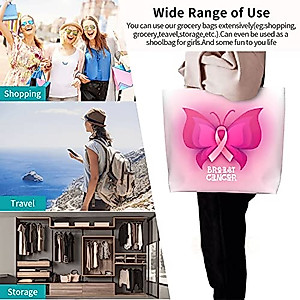 Ribbon Butterfly Breast Cancer Awareness Tote Bag For Women,Womens Tote Bags,Waterproof Tote Purse for Teacher,Gym,Work,School with interior Pocket